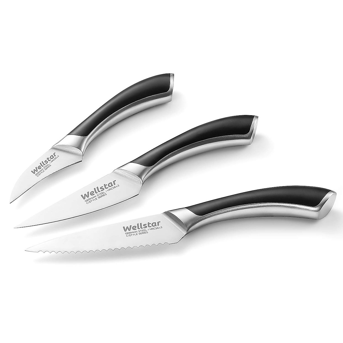 WELLSTAR Paring Knives Set, 3-Piece Fruit Peeling Knife Set, 2.75 Inch Bird Beak, 3.5 Inch Paring, 4 Inch Serrated Utility, Super Sharp German Stainless Steel Forged Blade and Full Tang Handle
