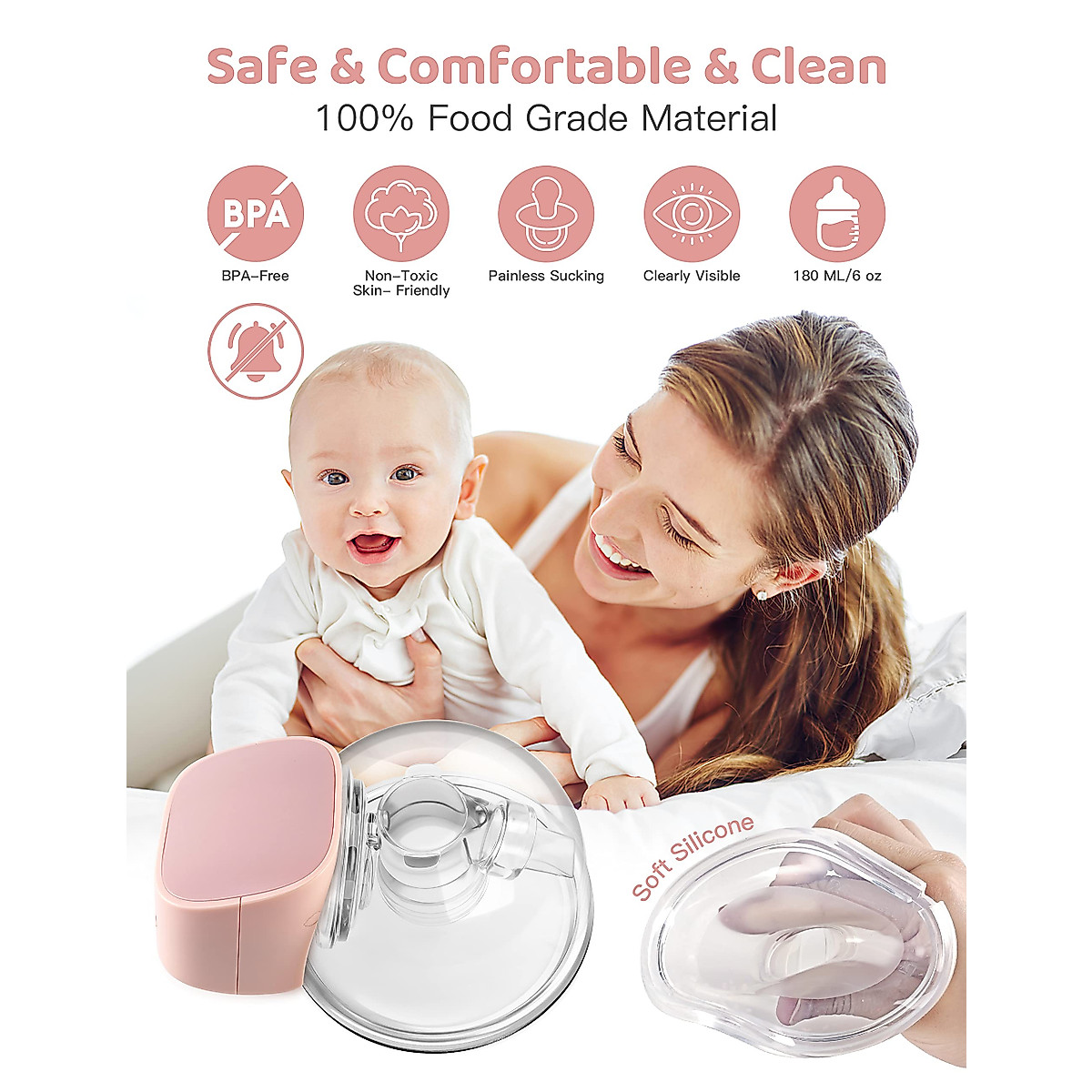 Kompoll Wearable Breast Pump Portable Electric Hands-Free Breast Pump with 2 Mode & 5 Levels, Wireless Worn in-Bra Painless Breastfeeding, Pink