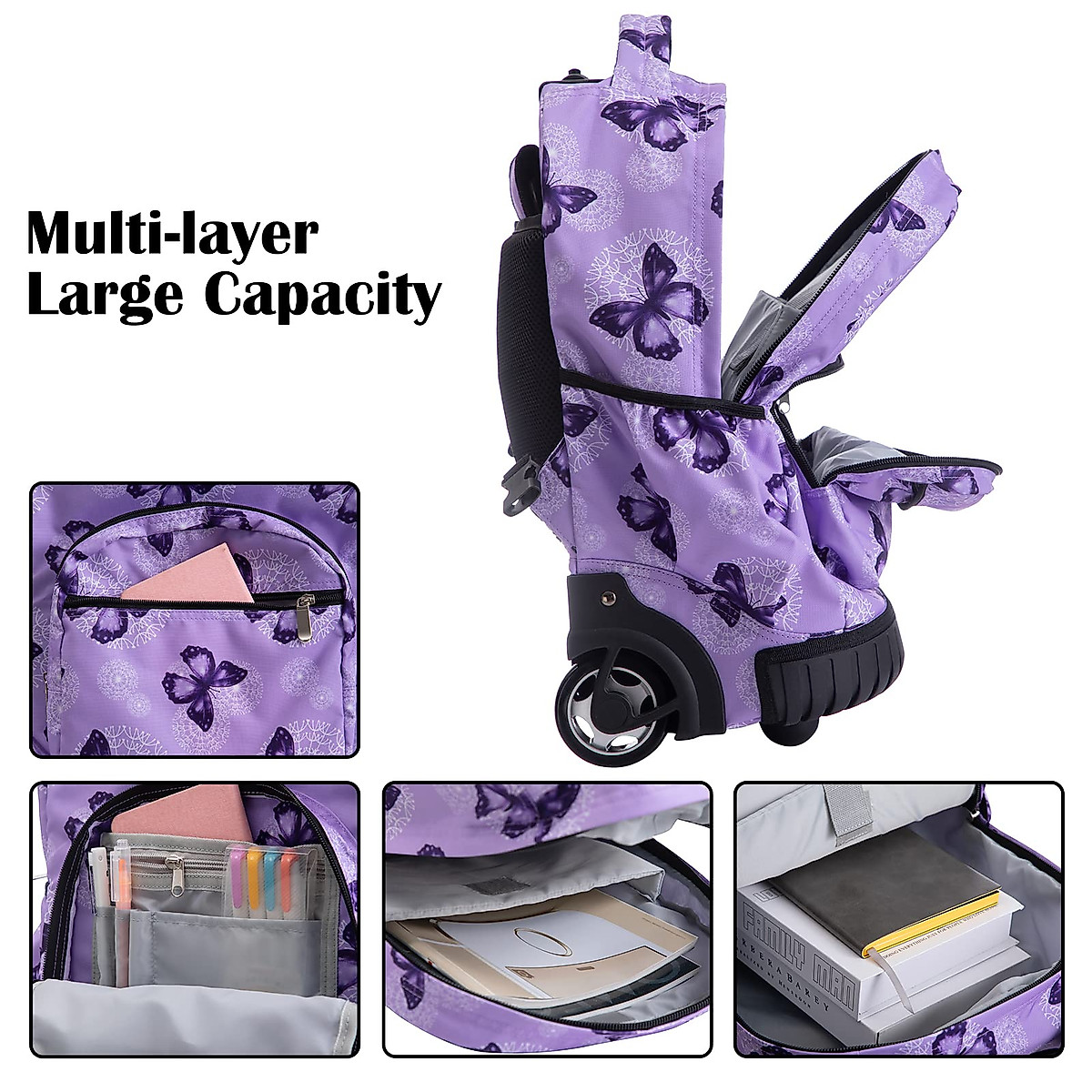 SKYMOVE 18 inches Wheeled Rolling Backpack Multi-Compartment Elementary Books Laptop Roller Bag Short Trip Carry-on for Women and Girls, Purple Butterfly
