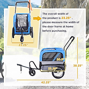 Aosom 2-in-1 Small Dog Bike Trailer and Bike Stroller with Hitch, Bicycle Trailer Sidecar Bike Wagon Cart Carrier Attachment for Travel, Blue