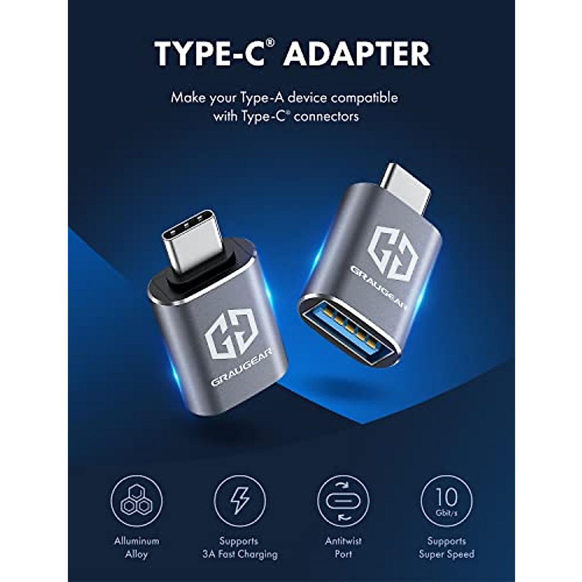 GRAUGEAR USB C to USB Adapter Pack of 2, 10Gbps Data Transfer, USB C Male to USB A Female Adapter 10Gbps, Compatible with PC, Laptop, MacBook, iPhone, iPad, Apple Watch, USB Charger, Type C Devices