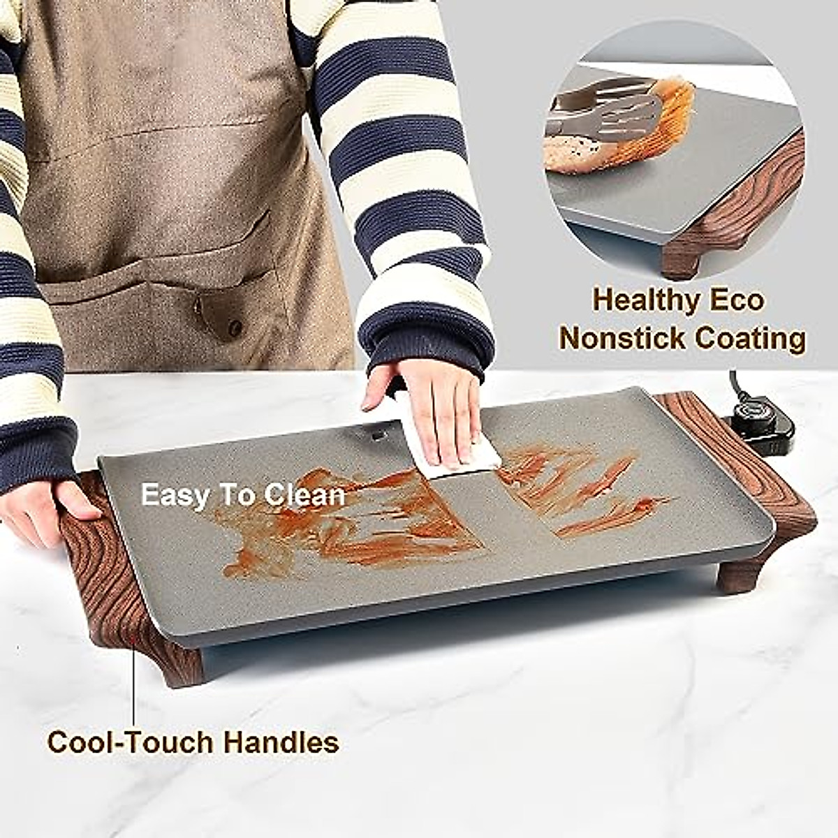 Electric Grill - MOKIKA Extra Large Cooking Surface Electric Griddle, Healthy-Eco Non-Stick Coating Indoor Grill Griddle, 5-Level Adjustable Temperature Control Griddle Grill, Cool-Touch Handles Grey