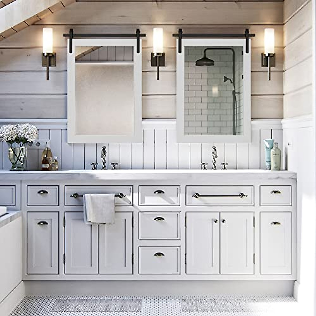 Clavie Farmhouse Wall Mirror Rustic Horizontal Wood Framed Bathroom Mirror, Barn Door Style Decorative Mirrors, 22"x30" White