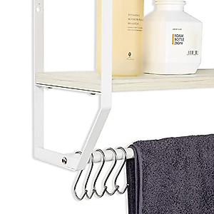OYEAL Bathroom Shelf with Towel Bar Wall Mounted Towel Rack Rustic Towel Shelf for Bathroom with 5 Hooks, 2 Tier Shelf Storage Organizer for Living Room, Kitchen, Bedroom, White