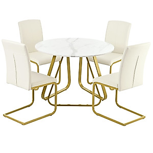 BIADNBZ 5-Piece Round Table Set for 4 with Faux Marble Tabletop and Four Chairs with Metal Legs for Dining, Kitchen Living Room, White