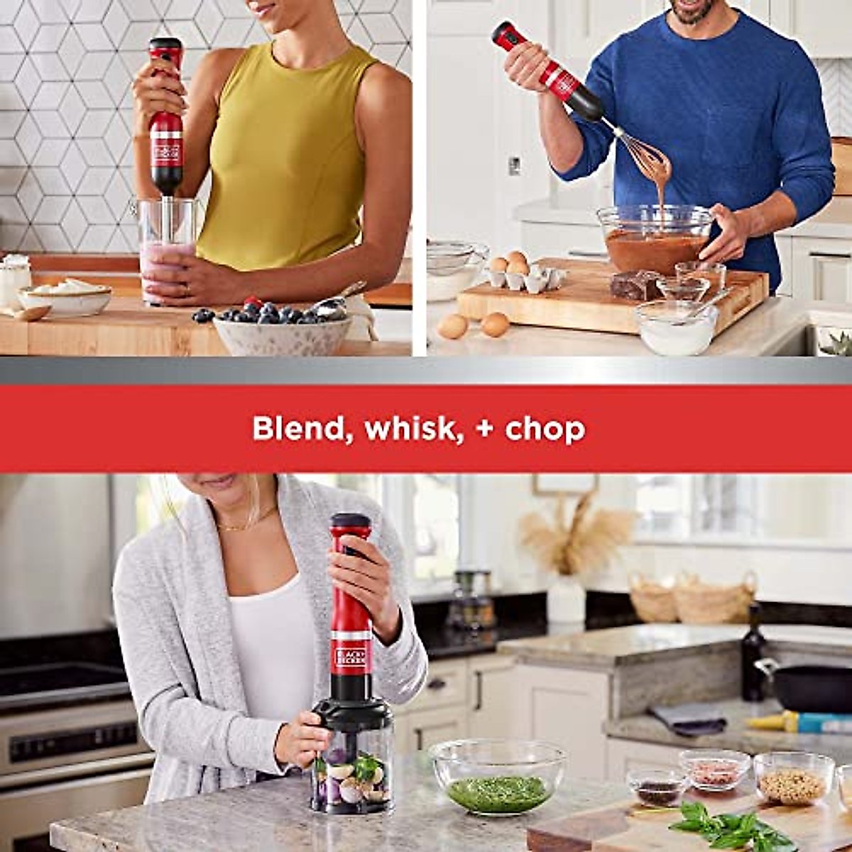 BLACK+DECKER Kitchen Wand Cordless Immersion Blender, 3 in 1 Multi Tool Set, Hand Blender with Charging Dock, Whisk, and Chopper, Red (BCKM1013K06)