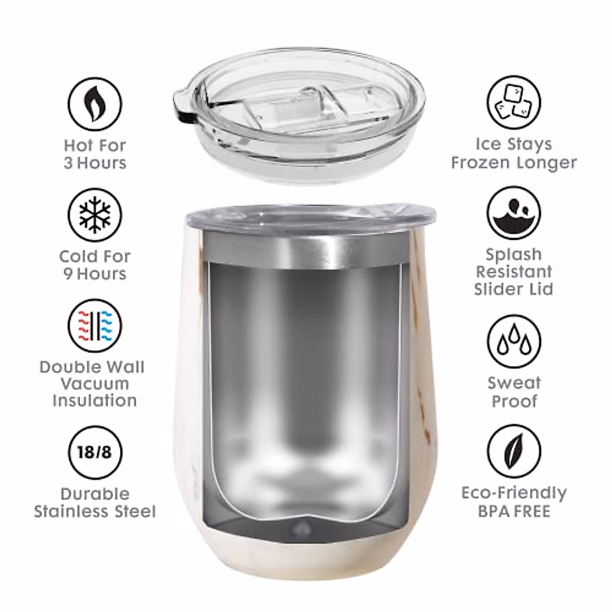 Oggi Cheers 'Celebrate Collection' Stainless Steel Insulated Wine Tumbler - White Gold Marble, 12oz, with clear slider lid.