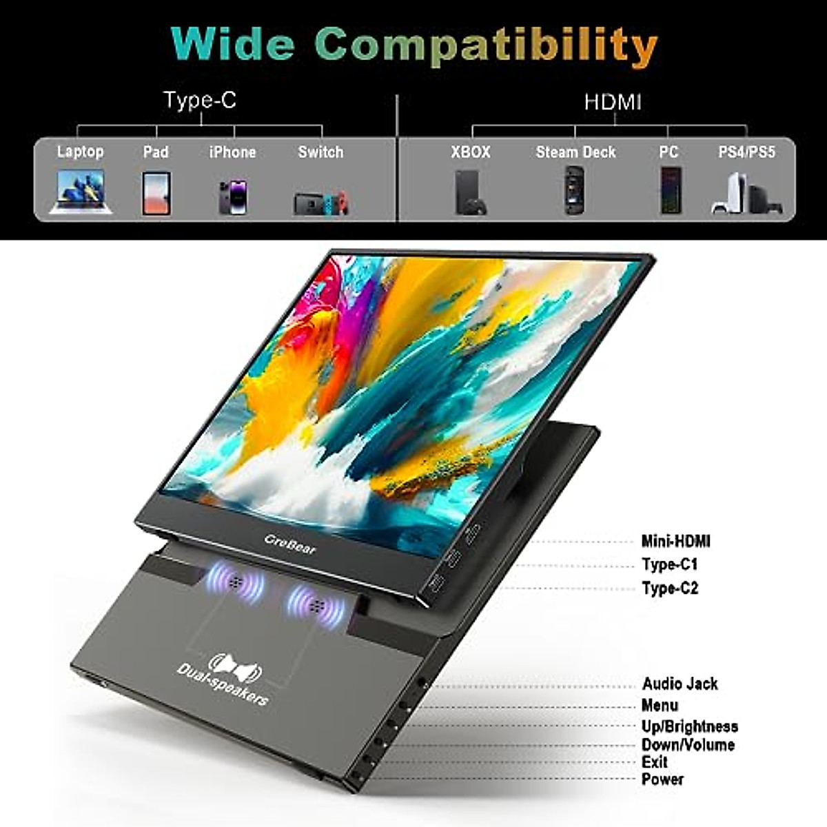 15.6" Portable Monitor FHD 1080P Travel Gaming Monitor HDR IPS Laptop Second Screen USB-C HDMI Magnetic Protective Cover & Dual Speakers, Computer External Display for PC Phone Xbox Switch PS4/5