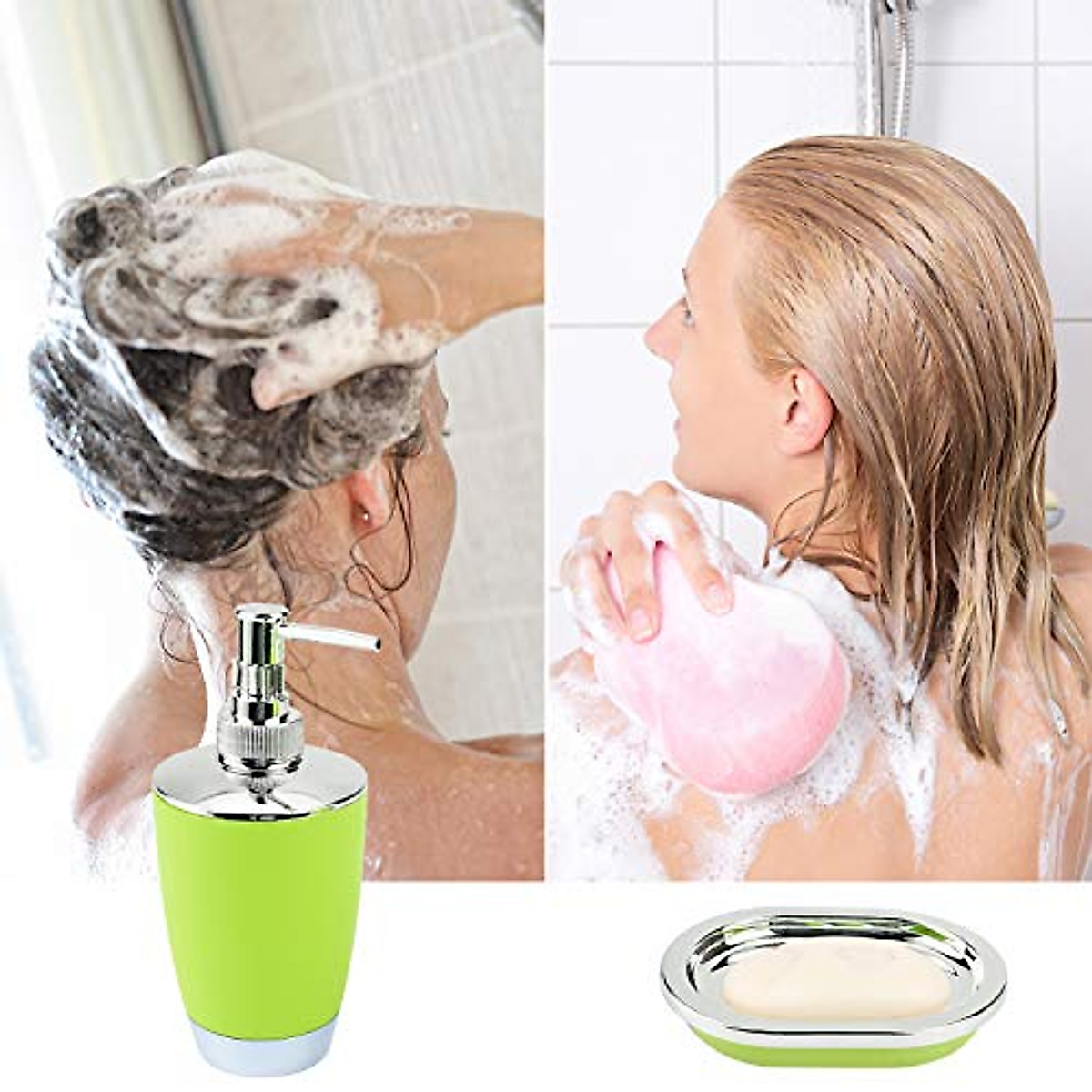 6 Piece Bathroom Accessories Set, Plastic Bath Ensemble Bath Set Lotion Bottles Toothbrush Holder Tooth Mug Soap Dish Toilet Brush Trash Can Decorative Bath Accessory Kit, Green