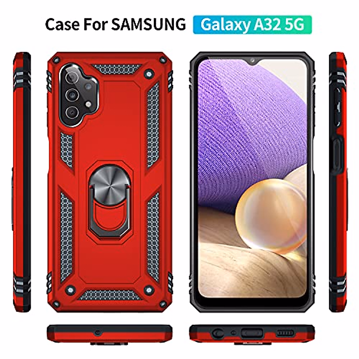 Galaxy A32 5G Case, Samsung A32 5G Case with HD Screen Protector, Androgate Military-Grade Ring Holder Kickstand 15ft Drop Tested Shockproof Cover Phone Case for Samsung Galaxy A32 5G, Red