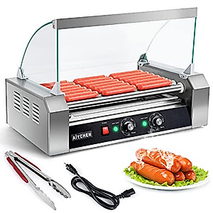 Hot Dog Roller Machine Electric Grill Cooker Machine with Glass Cover 18 Hot Dog Capacity 7 Roller Grill Machine for Commercial Grade Household 120V 900W (7 Roller Grill)