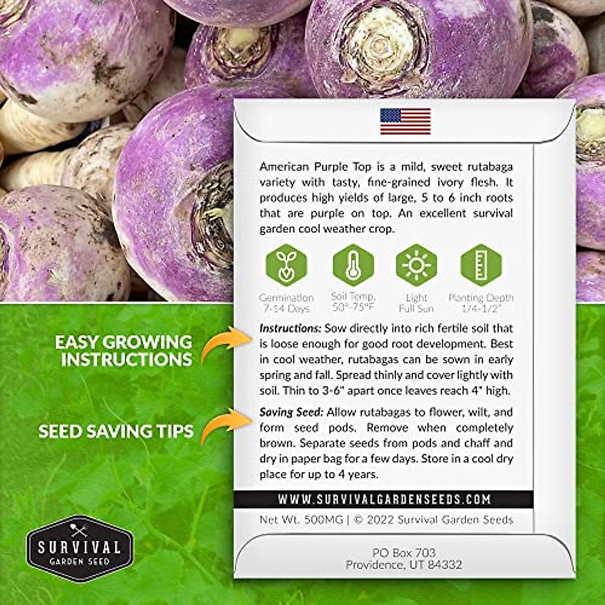 Survival Garden Seeds - American Purple Rutabaga Seed for Planting - Packet with Instructions to Plant and Grow Brassica Napus in Your Home Vegetable Garden - Non-GMO Heirloom Variety