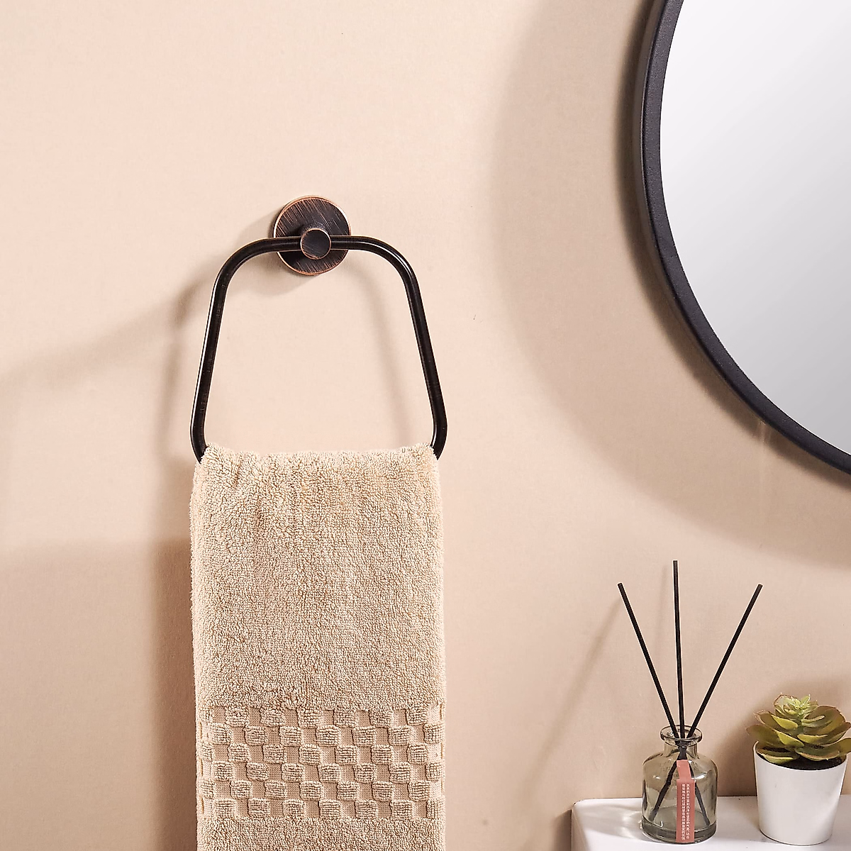 Bronze Hand Towel Holder, Bathroom Towel Ring Oil Rubbed, Bath Hand Towel Hangers Wall Mounted Farmhouse Rustic ORB Stainless Steel Trapezoid