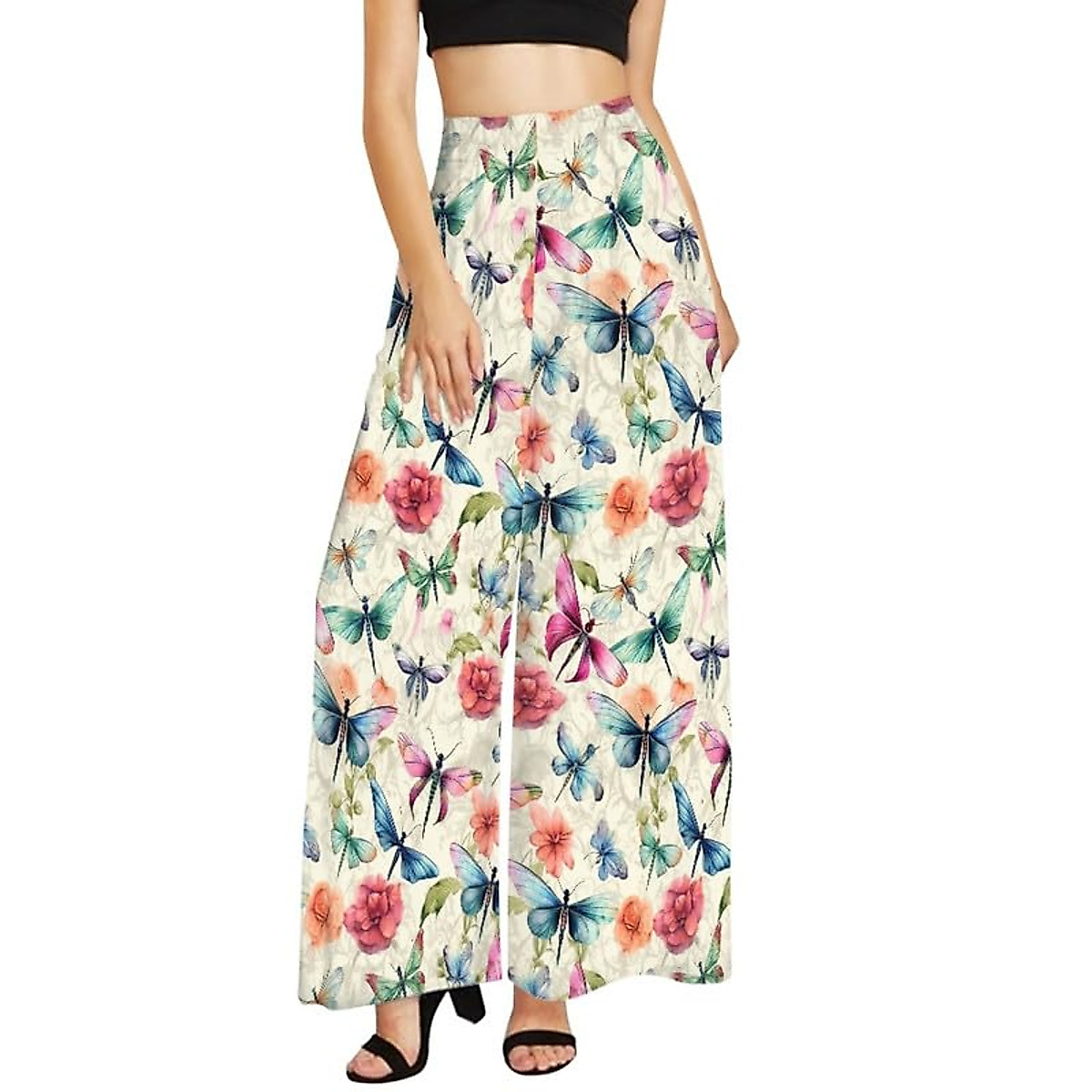 Irisjudy Women's Comfy Yoga Sweatpants Watercolor Dragonfly Casual Pajamas, Paint Dragonfly Floral Palazzo Lounge Pants Stretchy Loose Fit Casual Trousers