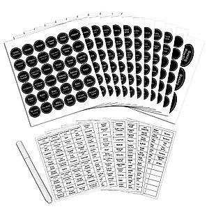SWOMMOLY 771 Printed Spice Jar Labels with Extra Write-on Labels, Pantry Stickers and Chalk Marker Pen. Chalkboard and Transparent Labels Set