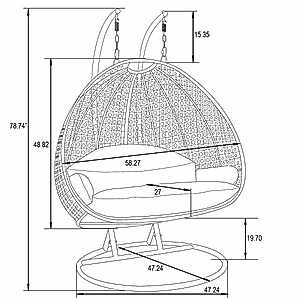 LeisureMod Wicker Hanging 2 Person Egg Swing Chair with Outdoor Cover (Charcoal)