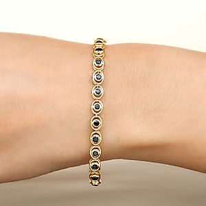 2 CT Bezel Set Black Onyx Unisex Round Shape Tennis Chain Bracelet (AAA Quality), 14K Yellow Gold, 6.5 inches