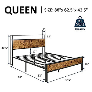 AMERLIFE Queen Size Bed Frame Industrial Platform Bed with Charging Station, 2-Tier Storage Headboard/No Box Spring Needed/Noise-Free/Dark Brown