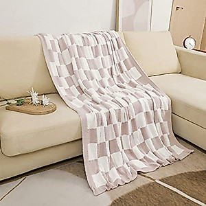 bearberry Fuzzy Checkerboard Grid Throw Blanket Knitted Soft Cozy Warm Microfiber Blanket Decor for Couch Sofa Bed Travel Home (Cream, 50''x60'')