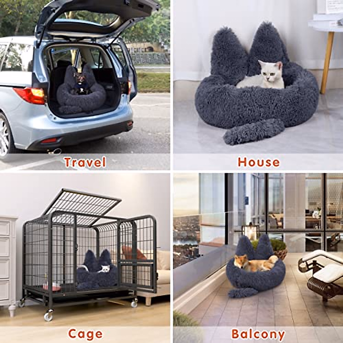 Idepet Cat Bed, Calming Dog Bed Luxury Plush Pet Bed with Anti-Slip Bottom Warm Round Dogs Cushion Soft Cozy Fluffy Cat Dog Bed (20", Dark Grey)