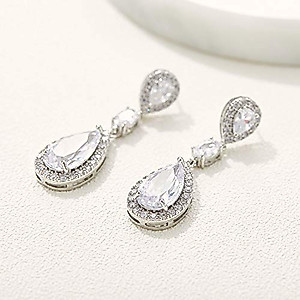 SWEETV Teardrop Wedding Bridal Earrings for Bridesmaids, Brides- Crystal Cubic Zirconia Rhinestones Dangle Earrings for Women, Prom Bridal Wedding Jewelry, Silver