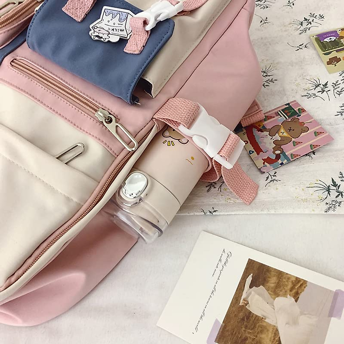 HeiBao Kawaii Backpack for Teen Girls Aesthetic Student Bookbags with Cute Accessories cow decoration nylon waterproof