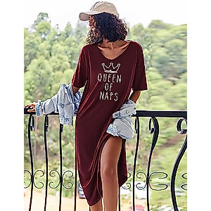 Ekouaer Women Long Nightgown Soft Short Sleeve O Neck Sleepwear Plus Size Night Shirt Nightshirt Wine Red XXXL
