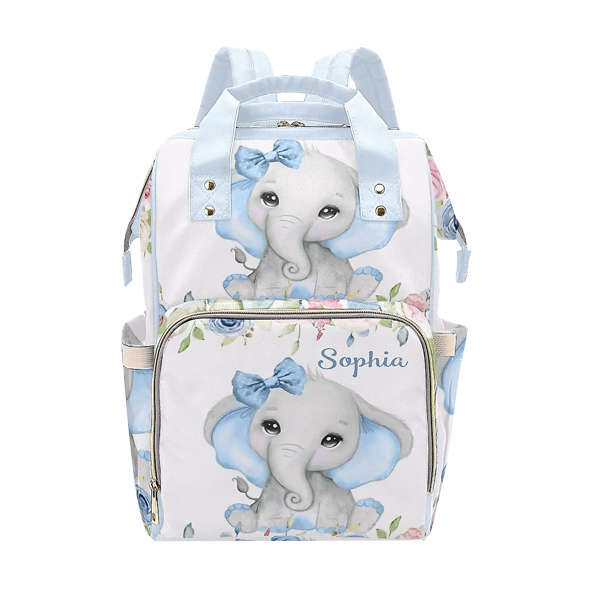 Blue Pink Flowers Roses Elephant Personalized Diaper Backpack with Name,Custom Travel DayPack for Nappy Mommy Nursing Baby Bag One Size