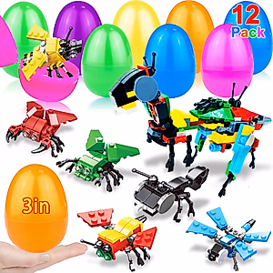 12 Pack 3" Large Easter Eggs Filled Stem Building Toys Easter Basket Stuffers 6 in 1 Transform Animal Building Blocks Easter Party Favors Gifts for Kids Toddlers Boys Girls Teens Easter Eggs Hunt