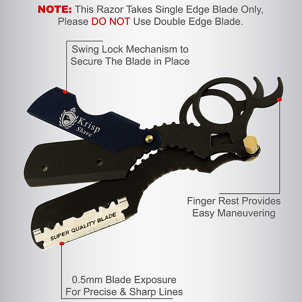 Professional Straight Razors For Men, Barber Razors Straight Edge Razor Kit For Close Shaving - Beard Cut Throat Finger Razor Safety Shavette With 10 Shaving Blades By Krisp Beauty (Black)