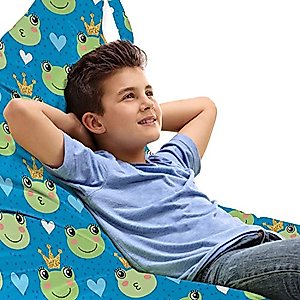 Lunarable Frogs Lounger Chair Bag, Green Faces Sleeping and Giving Kisses Crowned on Blue Polka Dots with Hearts, High Capacity Storage with Handle Container, Lounger Size, Multicolor