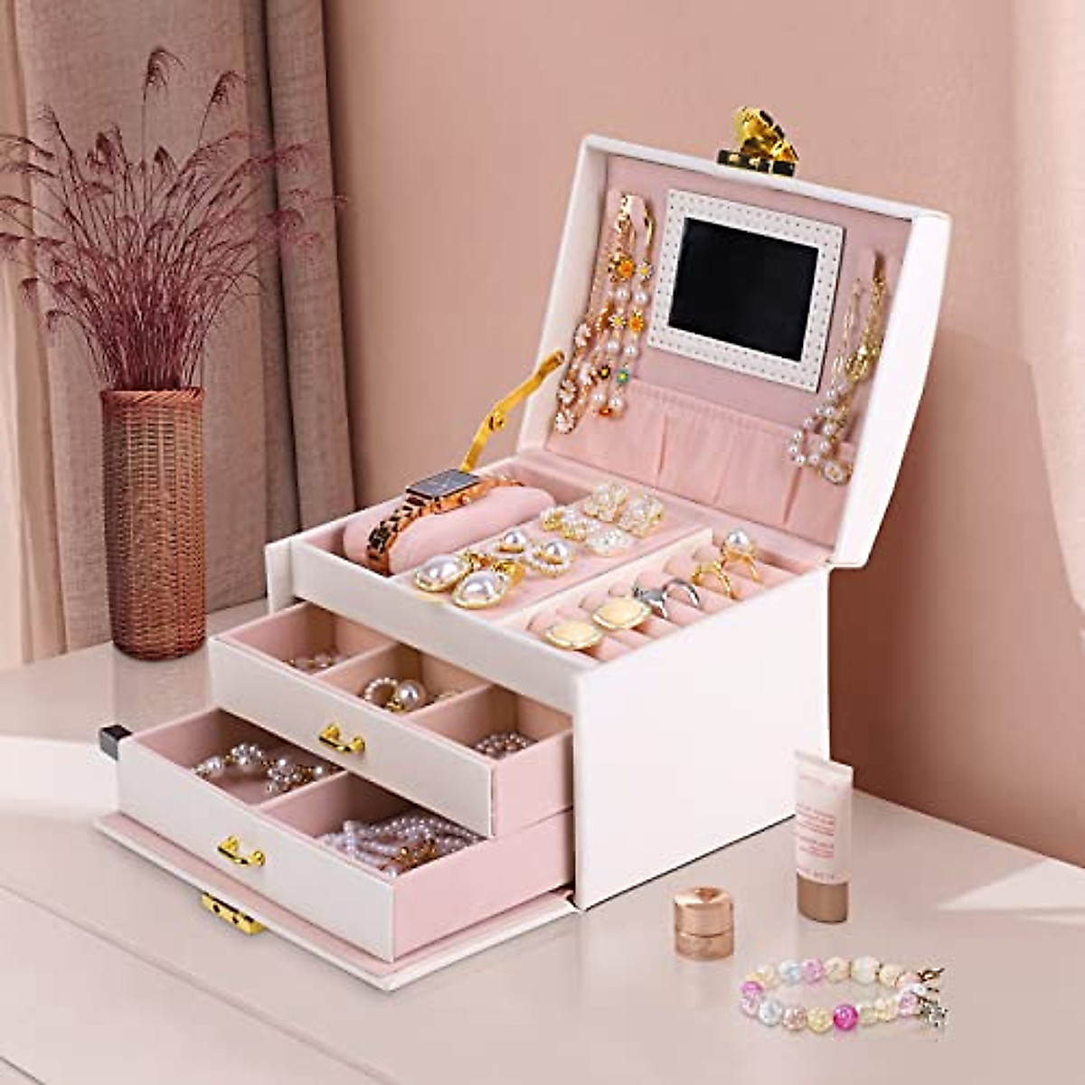Jewelry Box for Girls Women, Jewelry Organizer Box 3 Layer with PU Leather, White Travel Jewelry Case with Mirror for Earring Ring Bracelet Necklace, Best Gift for Girls(Rose Lock & Butterfly Print)