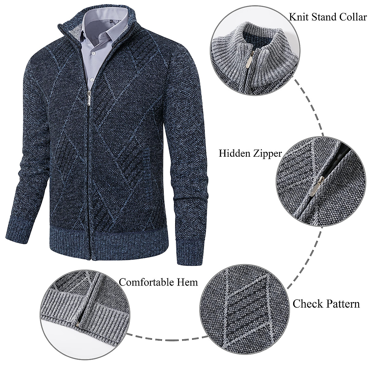 VtuAOL Men's Cardigan Sweater Warm Soft Knit Full Zip Sweater Winter Coat for Men Blue US S