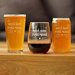 Need Wine Right Meow – Cute Funny Cat Stemless Wine Glass, Large 17 Ounces, Etched Sayings, Gift Box