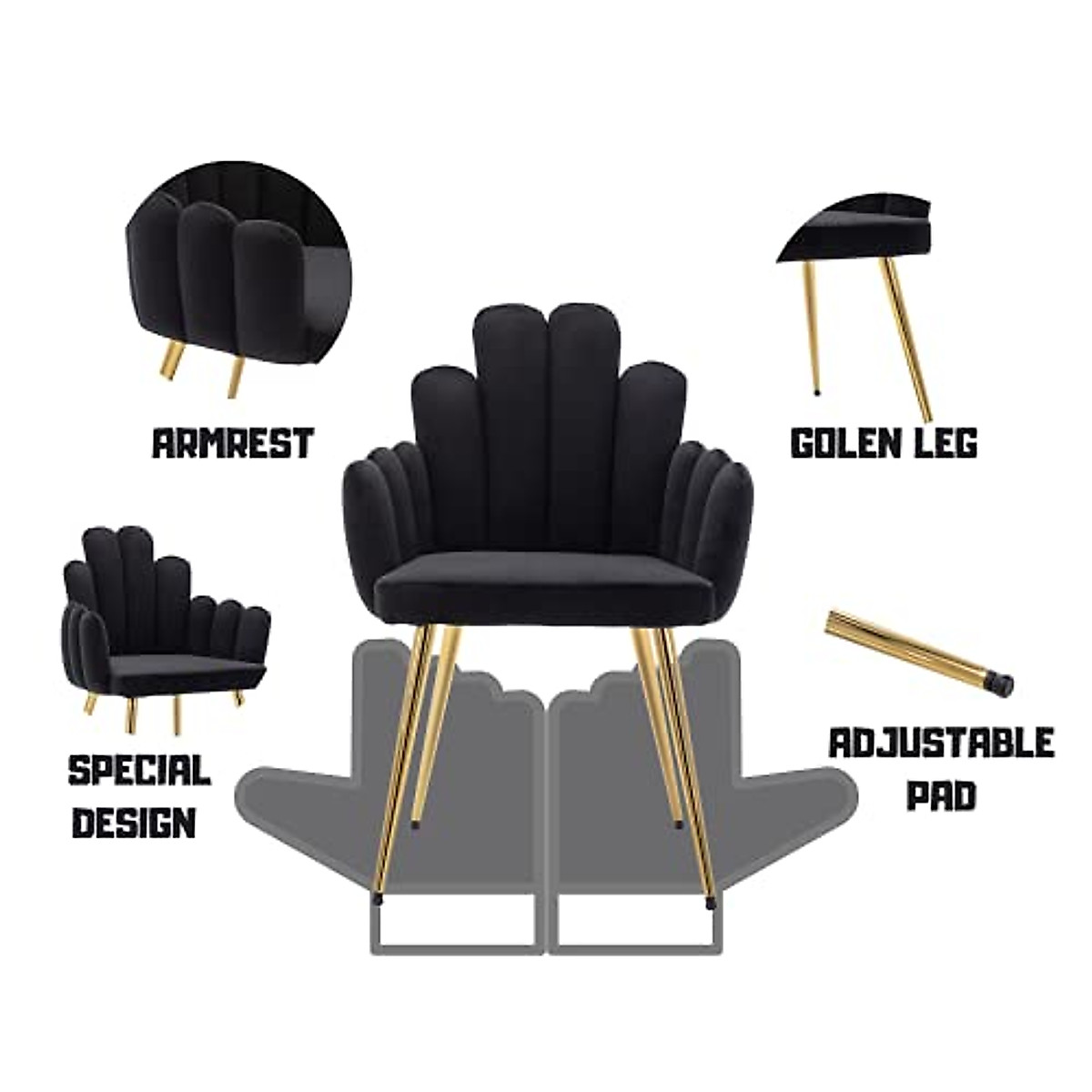 Lei Yu Shunzhi Modern Velvet Dining Chairs Set of 2 Upholstered Leisure Gold Legs Arm Chairs Guest Chairs Skin-Friendly Side Chairs Comfy Vanity Chair for Makeup Room/Bedroom/Living Room, Black, 2PCS