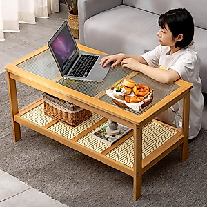 Mid Century Modern 2-Tier Center Table with Open Storage Shelf, Rattan Coffee Table, Boho Rectangular Bamboo Cocktail Table for Living Room