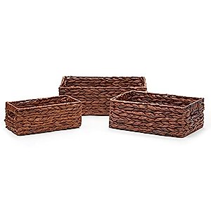Americanflat Water Hyacinth Storage Baskets with Handle - Set of 3 Different Sizes - Handwoven and Decorative for Organizing at Home - Rectangular Wicker Baskets (Walnut Color)