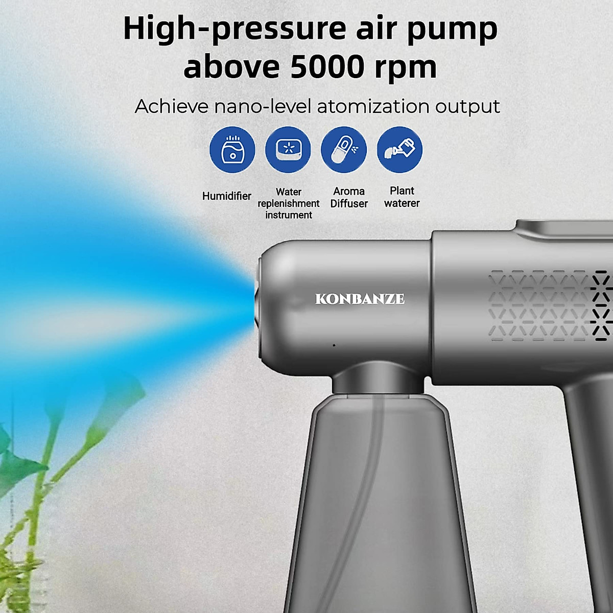 KONBANZE Handheld Nano Machine Fogger Machine，Electrostatic Sprayer，Sanitizer Spray Machine with Blue Light，Electrostatic Nano Atomizer Sprayer & Cordless Nano Steam for Home Office Garden ues (Gray)
