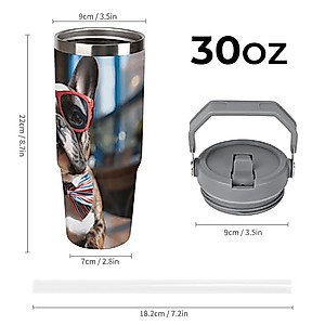 30oz Stainless Steel Insulated Tumbler with Flip Lid & Straw, Leakproof Travel Mug for Car, French Bulldog Wearing Sunglasses Double Wall Vacuum Thermal Coffee Cup with Handle, Spill-Proof Design for
