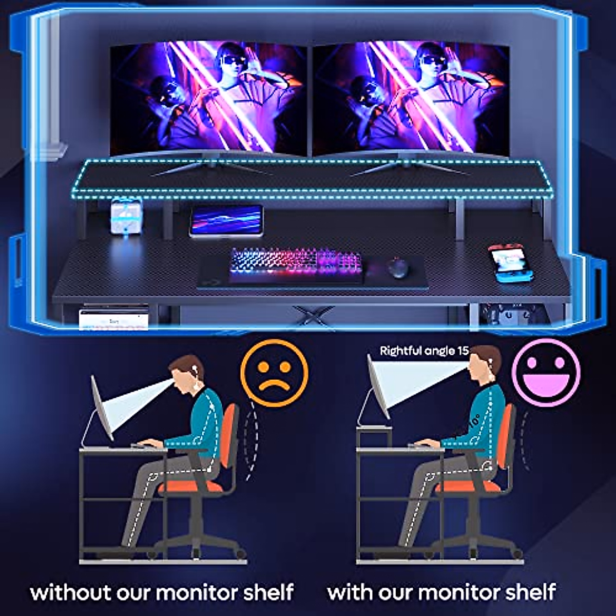 Bestier Gaming Desk with Monitor Shelf, 55 inches Home Office Desk with Open Storage Shelves, Writing Gaming Study Table Workstation for Small Space, Carbon Fiber