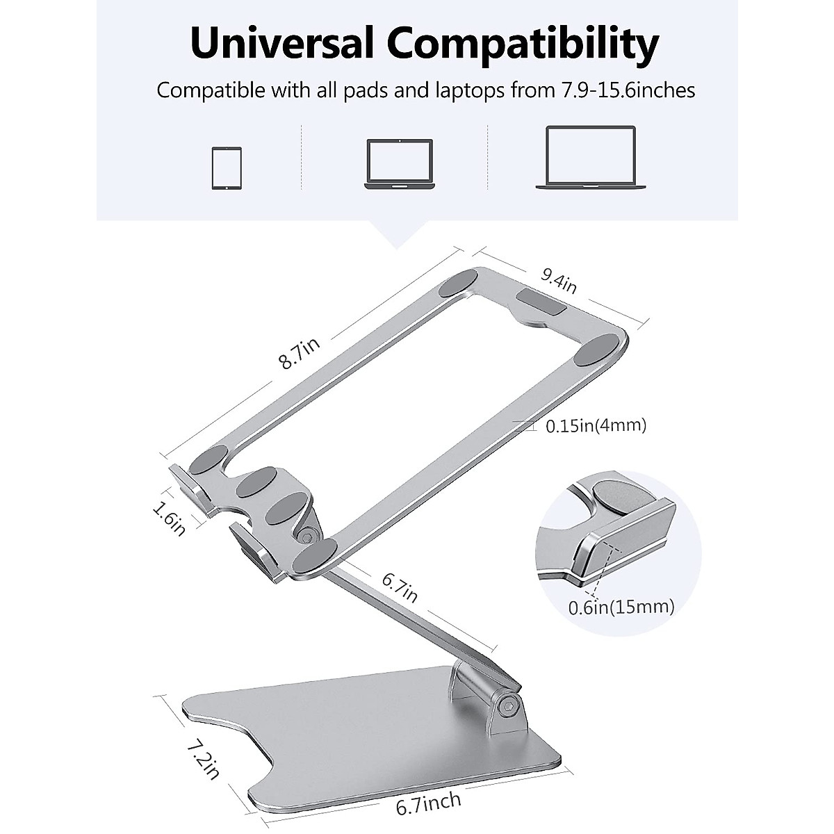 Letlar Laptop Stand Adjustable, Laptop Holder, Aluminum Laptop Riser Stand for Desk, Adjustable Height 1.9"-12", Compatible with MacBook, Air, Pro, Dell XPS, Samsung, All Laptops 8-15.6 Inches-Silver