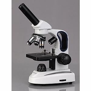 AmScope M158C-2L-PB10-WM Cordless Compound Monocular Microscope, WF10x and WF25x Eyepieces, 40x-1000x Magnification, Upper and Lower LED Illumination with Rheostat, Brightfield, Single-Lens Condenser, Coaxial Coarse and Fine Focus, Plain Stage, 110V or Ba