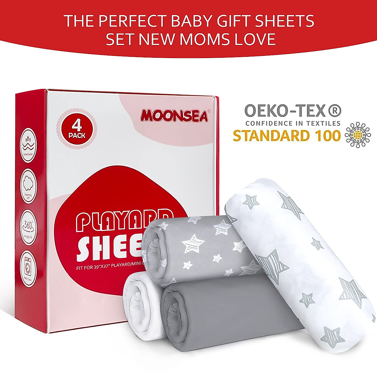 Pack and Play Sheets, 4 Pack Mini Crib Sheets, Stretchy Pack n Play Playard Fitted Sheet, Compatible with Graco Pack n Play, Soft and Breathable Material, Grey