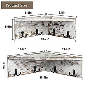 WGFKVAS Corner Shelf Wall Mounted Set of 2, Solid Wood Corner Floating Shelves with Hooks, Rustic White Wall Storage Display Shelf for Wall Decor Living Room, Entryway, Office, Bathroom