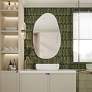 CISTEROMAN Irregular Wall Mirror, Asymmetrical Wall Mounted Mirror, Entrance Mirror, Black Wood Frame Mirror for Living Room, Bathroom, Bedroom, Fireplace, Vanity Mirror 33.5 x 20.5 Inches