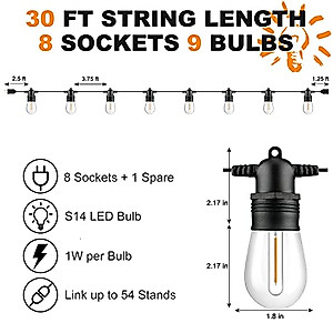 Jerritte 30ft Outdoor String Lights, LED String Lights 8 Bulbs, Upgrade 2700K Warm White Light Ambience Patio Lights for Outside