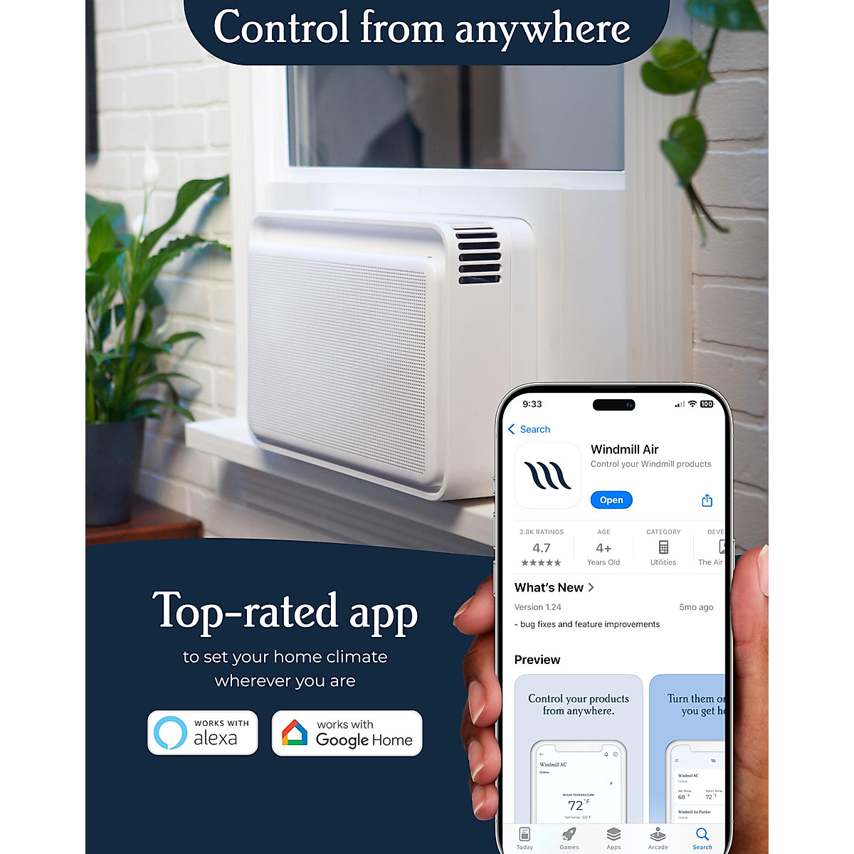 Windmill Air Conditioner: Smart Home AC - Easy to Install - Quiet - Energy Star Efficient - Side Insulation - Auto-Dimming LED Display - App and Voice-Enabled - 8,300 BTU