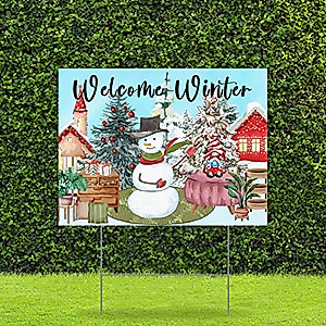 Lawn Garden Sign Christmas Welcome Winter Snowman Lawn Signs with H Stakes Motivational Quotes Happy New Year for Garage Sales Rent Open House Construction 12"x18"