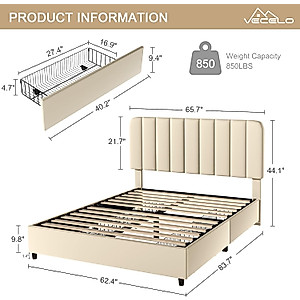VECELO Queen Size Upholstered Bed Frame with 4 Drawers and Adjustable Headboard, Velvet Platform Storage Bedframe Mattress Foundation, Wooden Slats Support, No Box Spring Needed, Beige