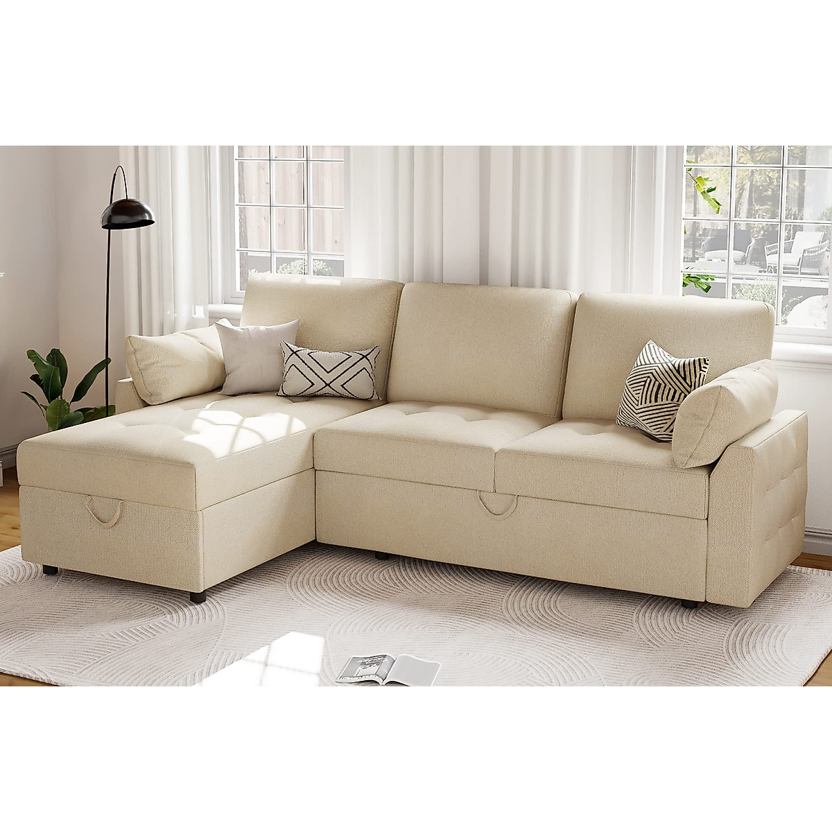 papababe Convertible Sofa Bed, Modern Tufted Sleeper Sofa, Pull Out Couch Bed with Chaise, Sleeper Sectional Sofa for Living Room (Chenille Beige)